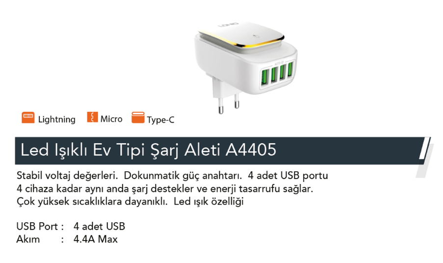 LDNIO A4405 Lightning Led Işıklı Ev Tipi Şarj Aleti - inbox.com.tr